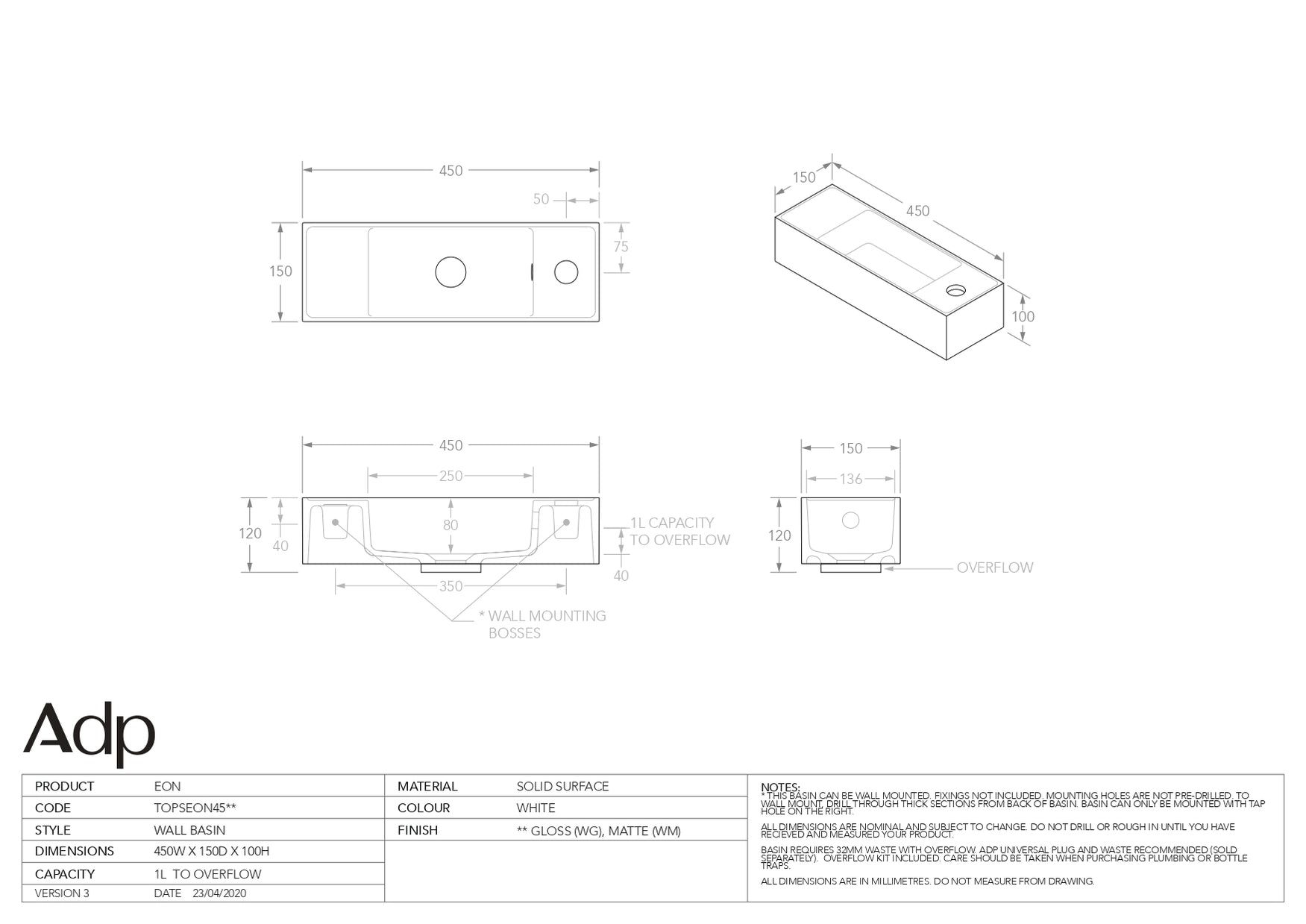 ADP Eon Gloss White Solid Surface Basin 450x150mm — The Bathroom Society
